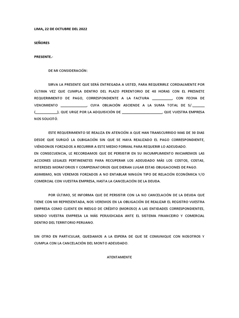 Modelo Carta Notarial. Requerimiento de Pago | PDF