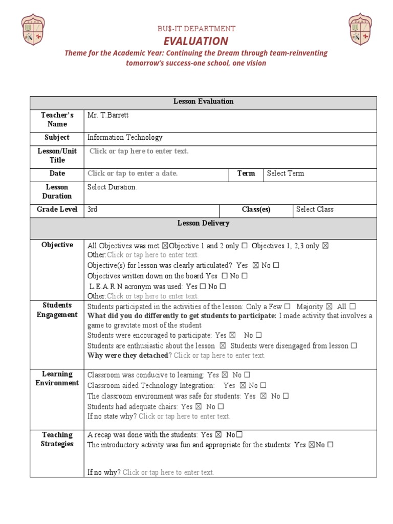 Lesson Plan Evaluation 3RD FORM D | PDF | Classroom | Teachers