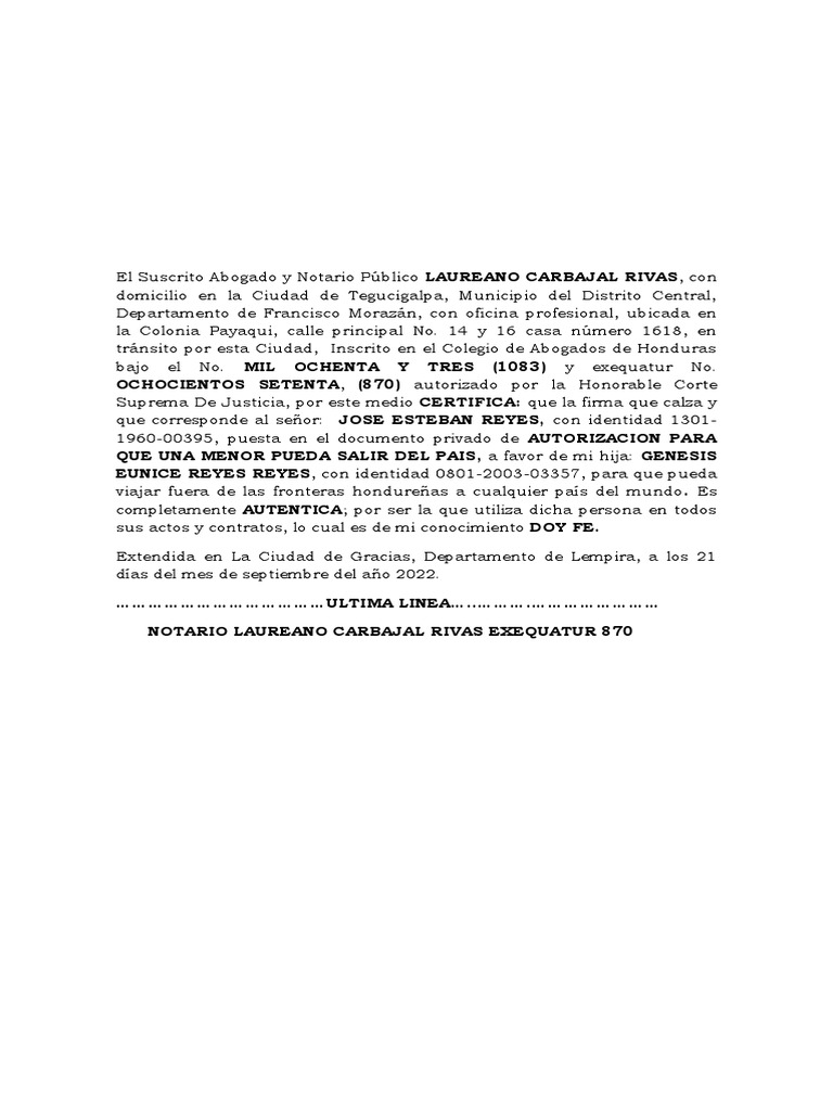 Autorizacion para Que Una Menor Pueda Salir Del Pais | PDF | Honduras Autorizacion para Que Una Menor Pueda Salir Del Pais | PDF | Honduras