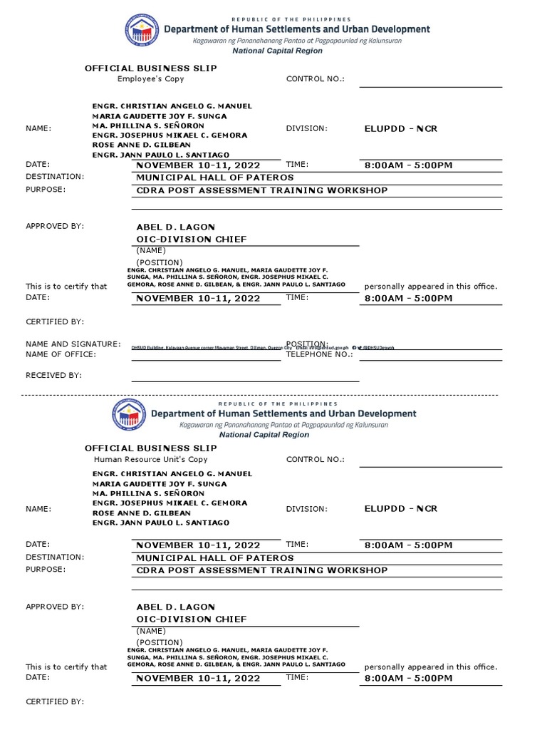 DHSUD Official Business Slip | PDF DHSUD Official Business Slip | PDF