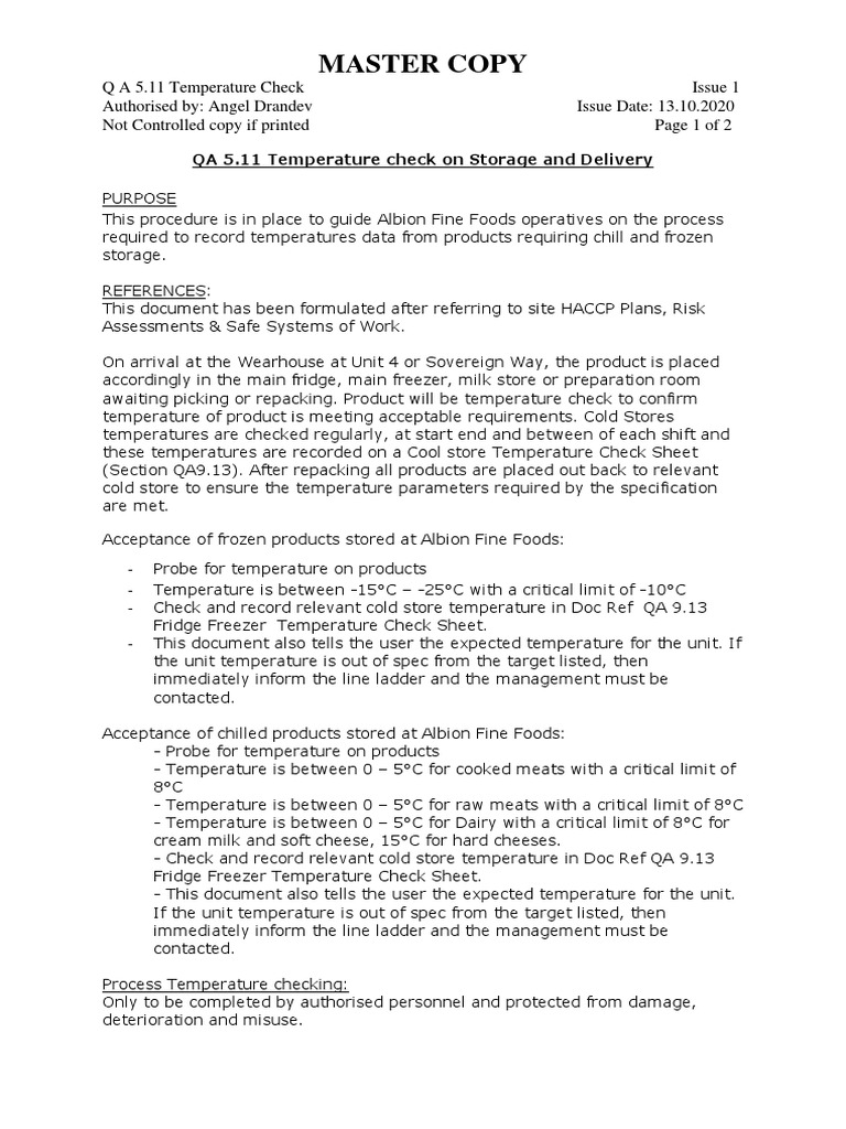 QA 5.11 Temperature Check On Store and Delivery Procedure | PDF ...