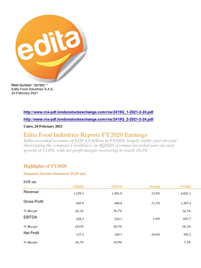 Edita Food Industries Reports FY2020 Earnings | PDF | Profit (Economics ...