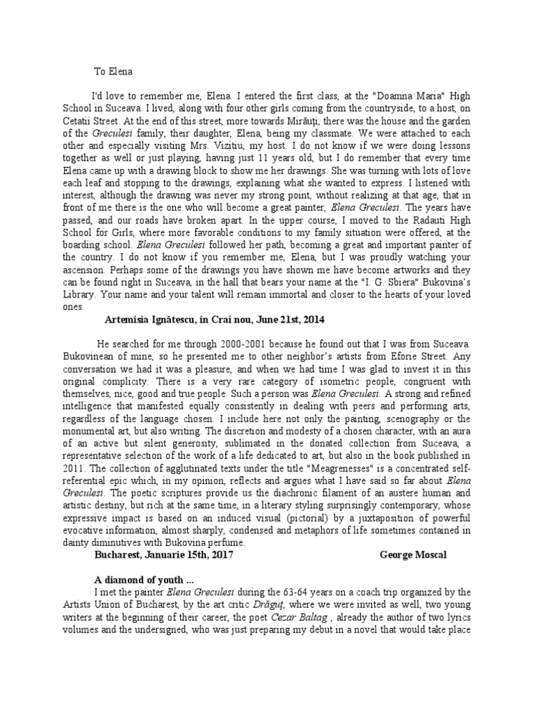 Elena Greculesi, Cuvânt George Moscal, Cuvânt Nicolae Breban, Artemisia ...