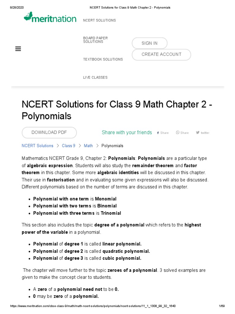 NCERT Solutions For Class 9 Math Chapter 2 - Polynomials | PDF | Factorization | Polynomial