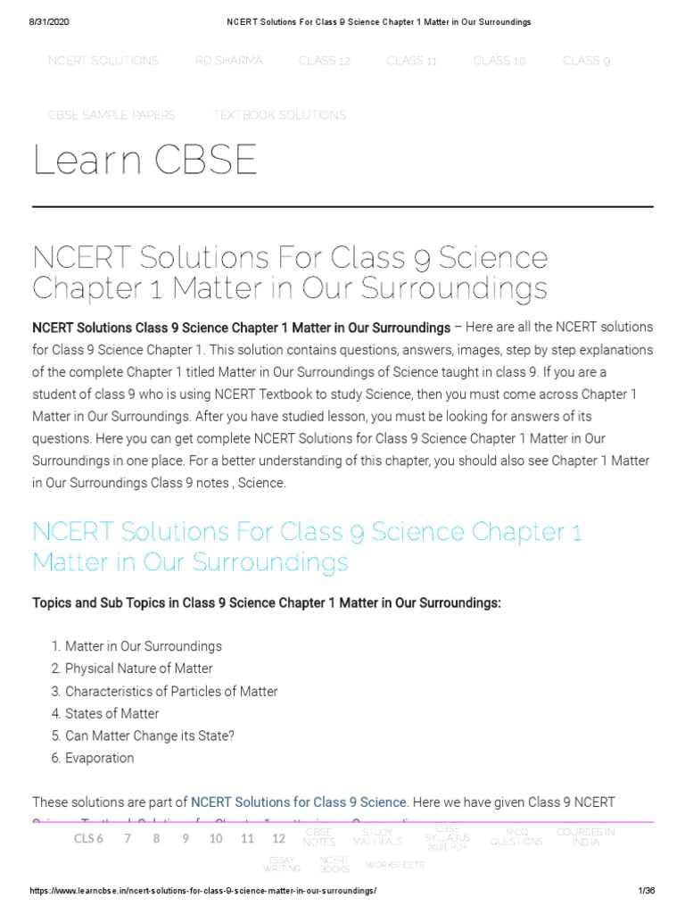 NCERT Solutions For Class 9 Science Chapter 1 Matter in Our ...