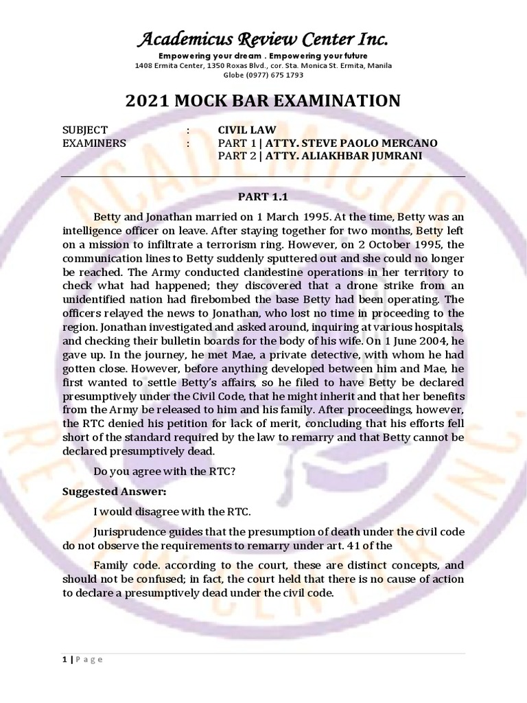 Mock Bar Exam in Civil Law (2021) | PDF