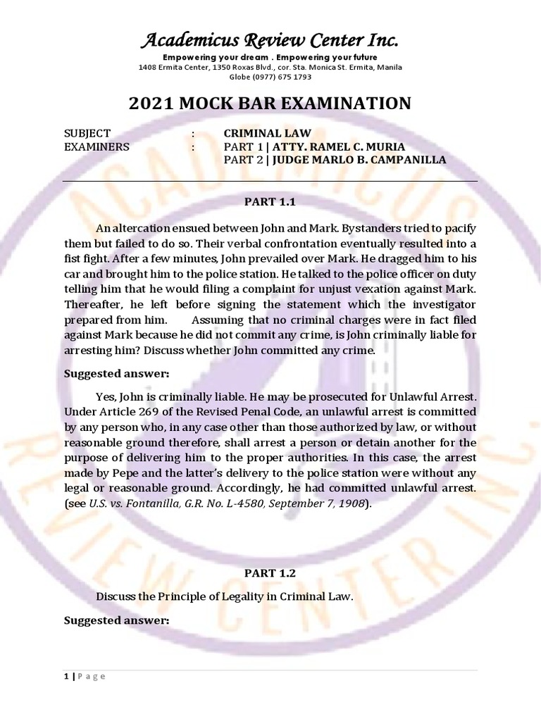 Mock Bar Exam in Criminal Law (2021) | PDF | Statute Of Limitations | Plea