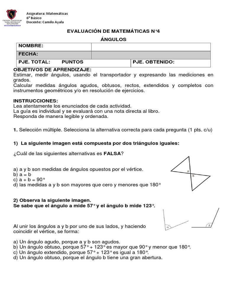 Evaluacion 4 Ángulos - 6to B Matem Adec | PDF | Ángulo | Geometría Elemental