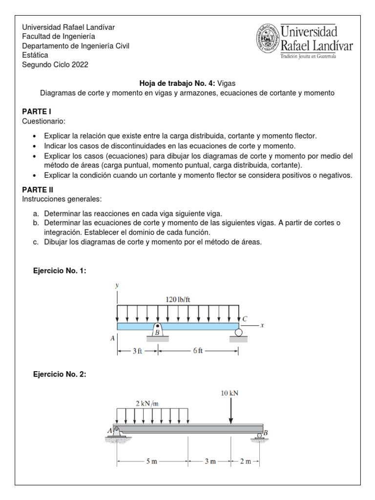 Hoja de Trabajo No. 4 Diagramas de Corte y Momento en Vigas | PDF | Viga (Estructura) | Mecanica ...