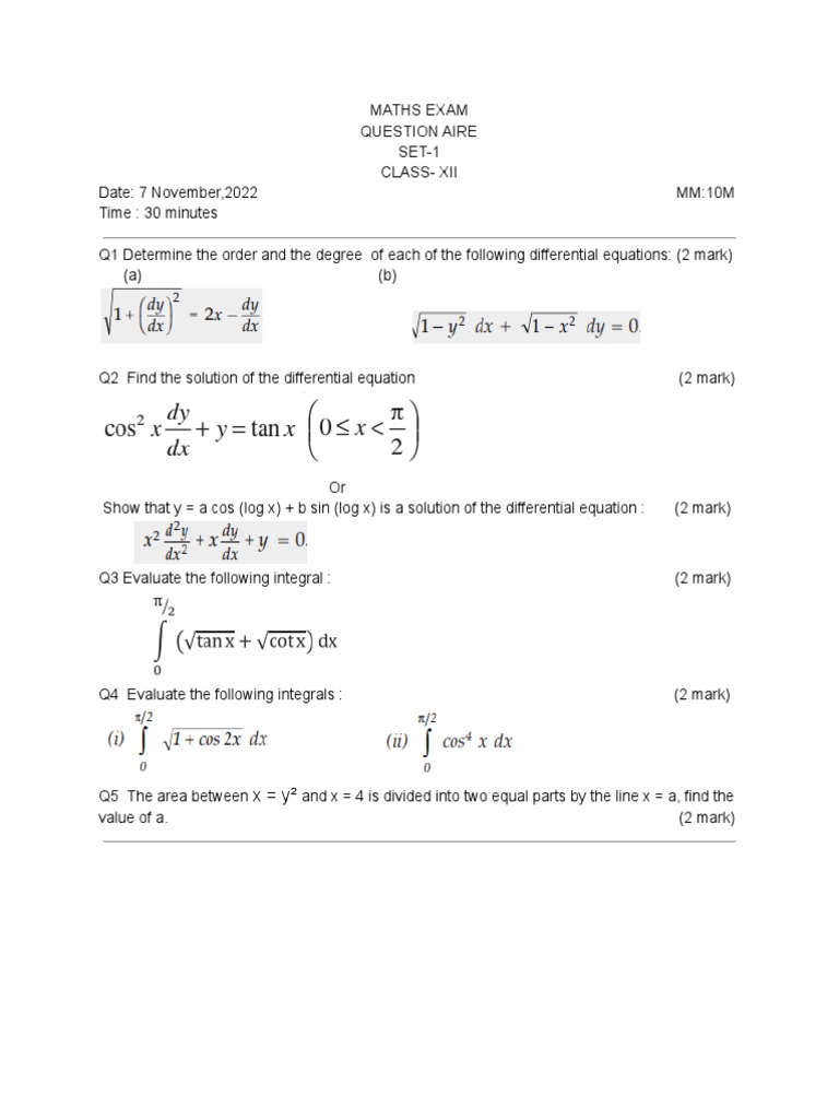 MATHS EXAM QUESTION AIRE (Nov) 2022 | PDF | Equations | Differential ...