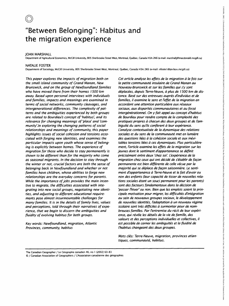 Between Belonging: Habitus and The Migration Experience | PDF | Human ...