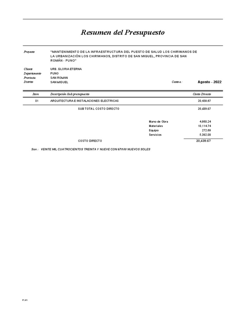 01 Hoja Resumen de Presupuesto | PDF