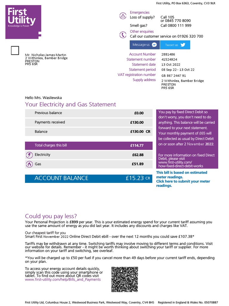 First Utility Energy Bill Statement | PDF | Cheque | Debit Card