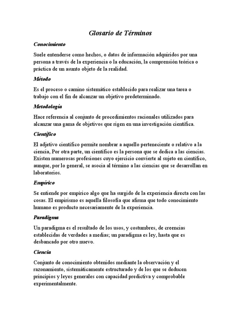 Glosario de Términos | PDF | Método científico | Conocimiento Glosario de Términos | PDF | Método científico | Conocimiento