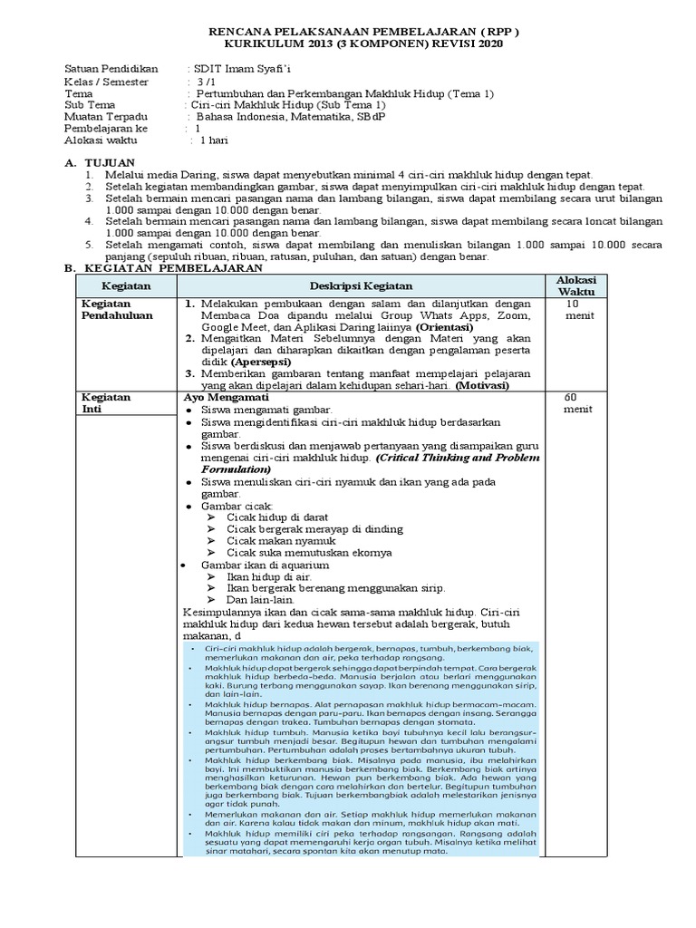 RPP Tema 1 Sub Tema 1 | PDF