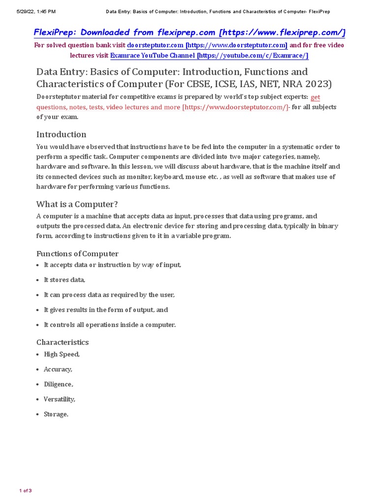 NIOS Data Entry CH 1 Basics of Computer Part 1 | PDF | Input/Output | Computer Hardware