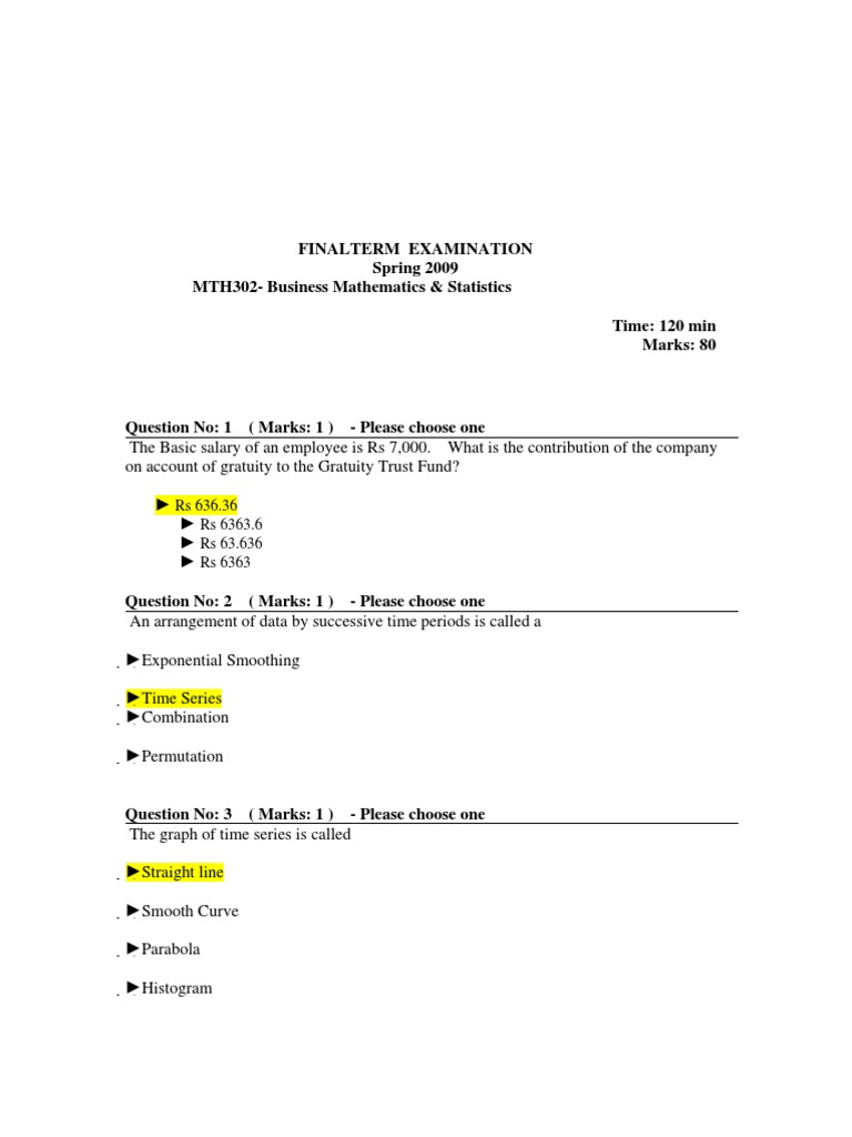 MTH302 Solved Final 2009 | PDF | Linear Trend Estimation | Probability ...