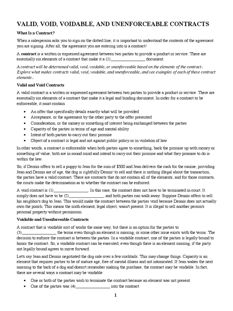 Valid, Void, Voidable, and Unenforceable Contracts | PDF | Void (Law) | Common Law