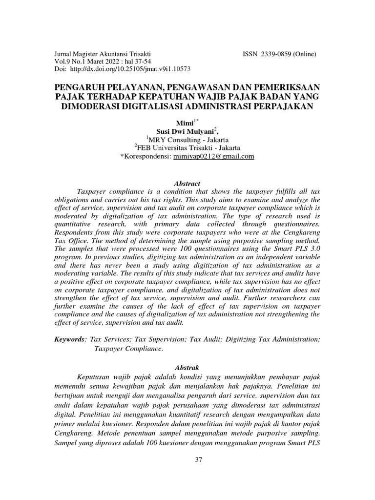 Mimi Dan Susi DM. 2022. Pengaruh Pelayanan, Pengawasan Dan Pemeriksaan Pajak THD Kepatuhan WP ...