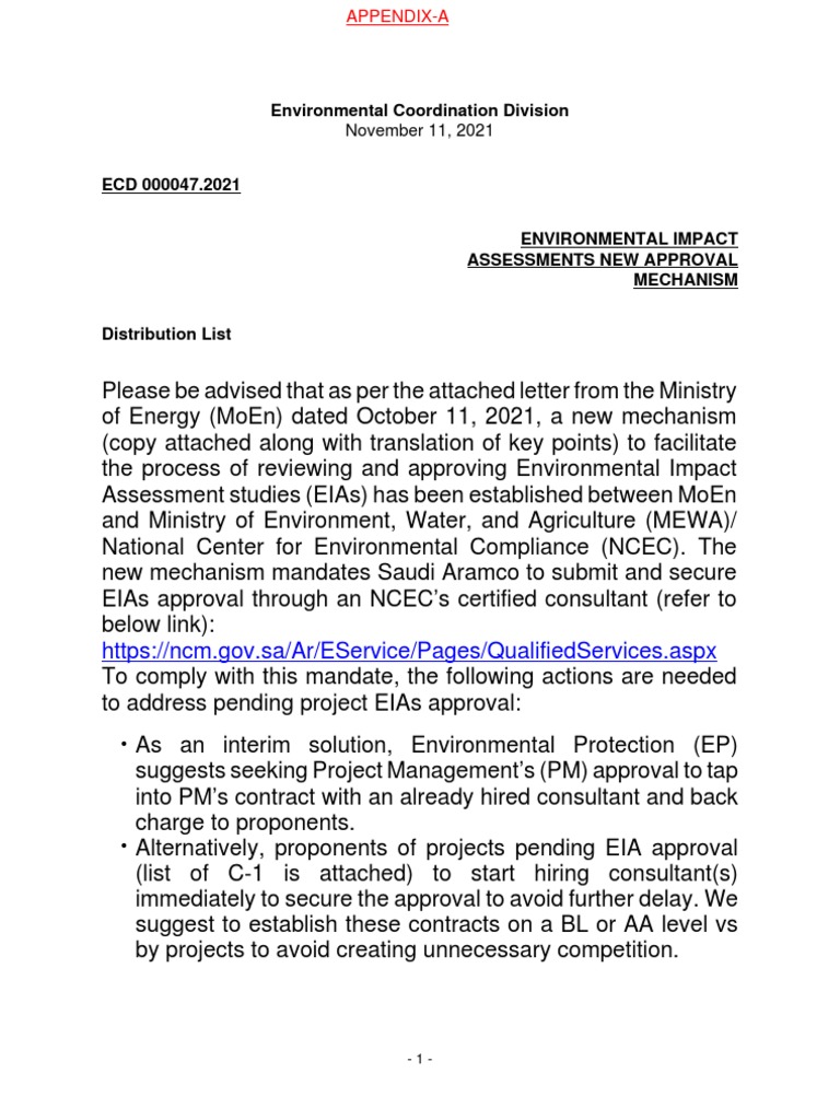 Appendix-A - Environmental Impact Assessments New Approval Mechanism ...