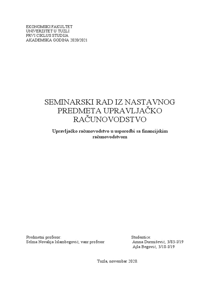 Seminarski Rad Upravljačko Računovodstvo | PDF