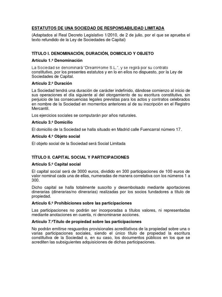 Estatutos Sociedad Limitada | PDF | Sociedad de responsabilidad limitada | Justicia
