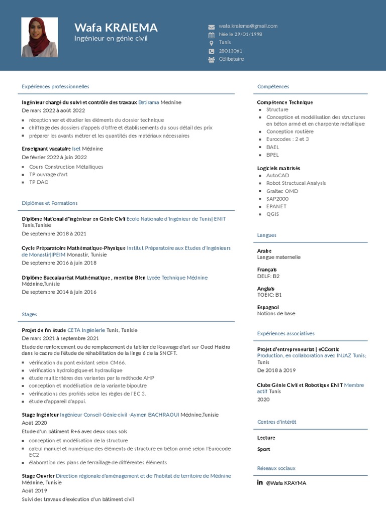CV Wafa KRAIEMA | PDF | Ingénieur | Pont