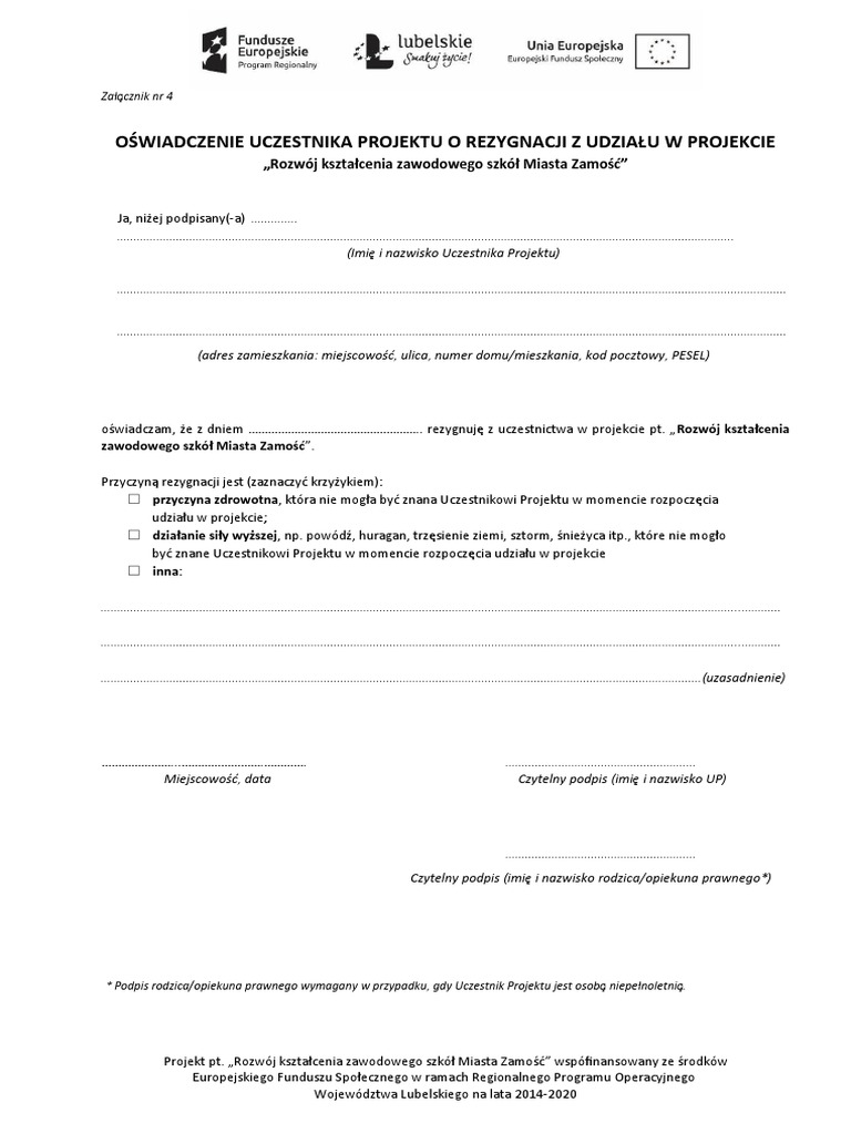 Zal. 4 Wzor Oswiadczenie Rezygnacja Z Udzialu W Projekcie | PDF