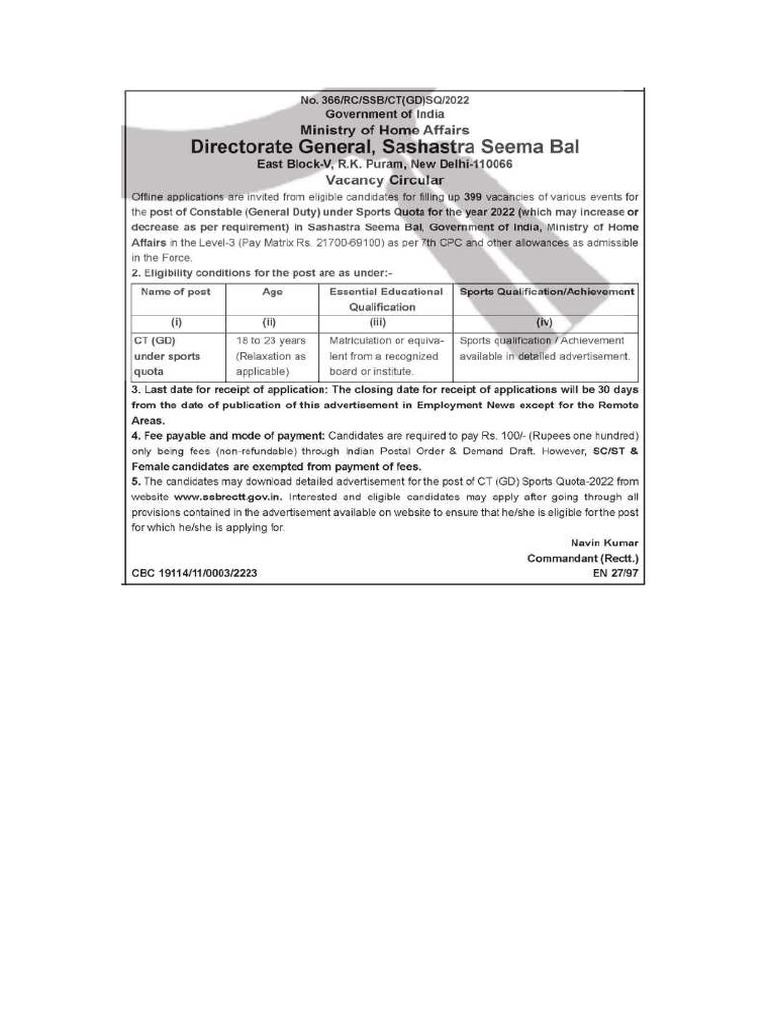 Notification SSB Constable GD Posts | PDF