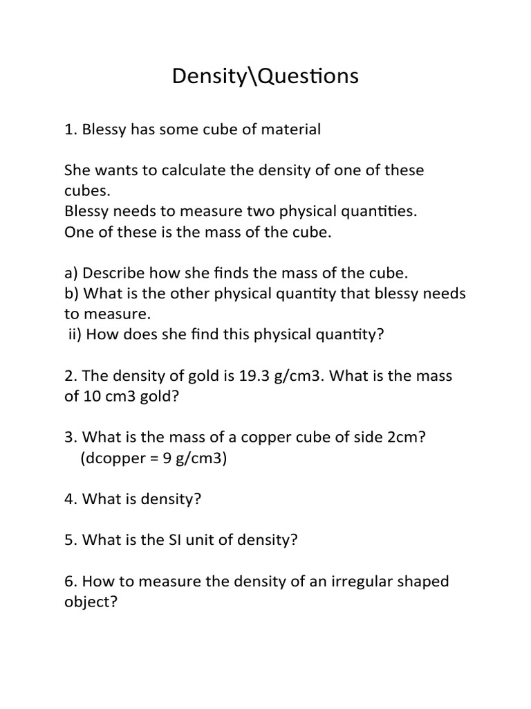 Density Grade 9 Igcse Questions Pdf