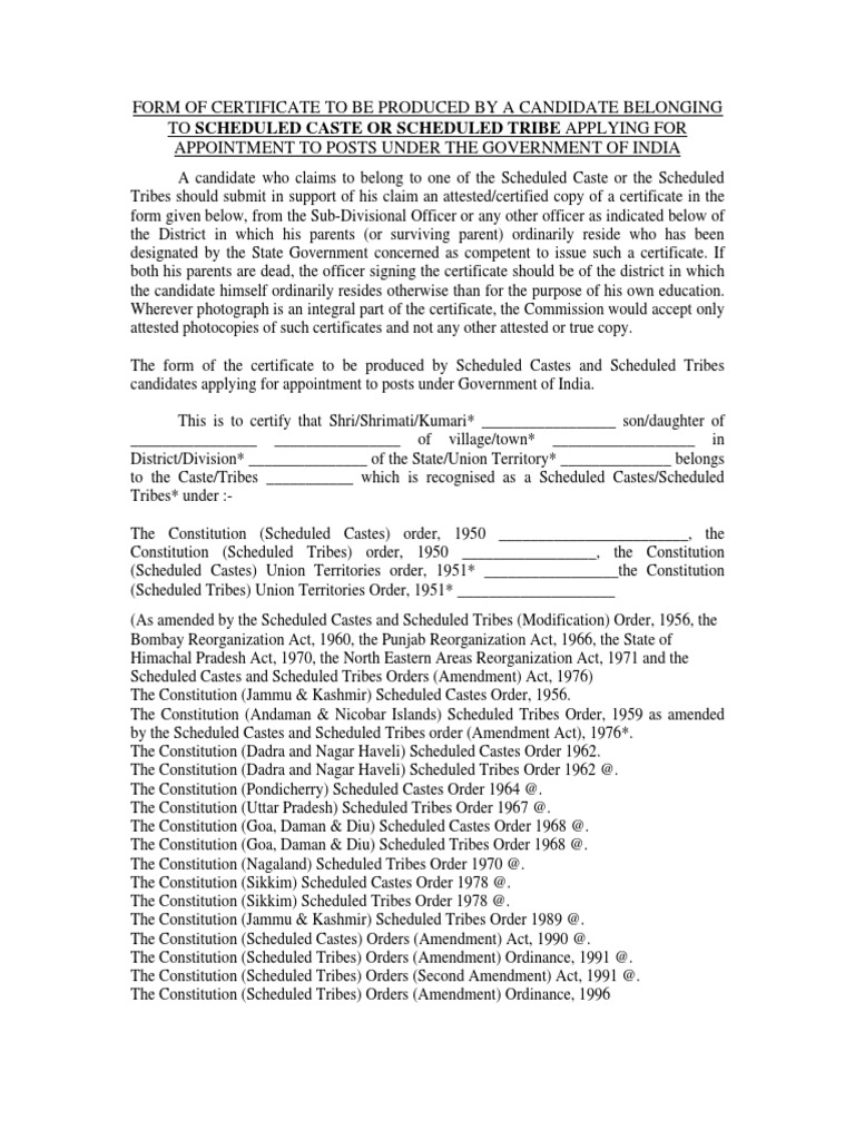 SC/ST Certificate Format for Candidates | PDF | Government Of India ...