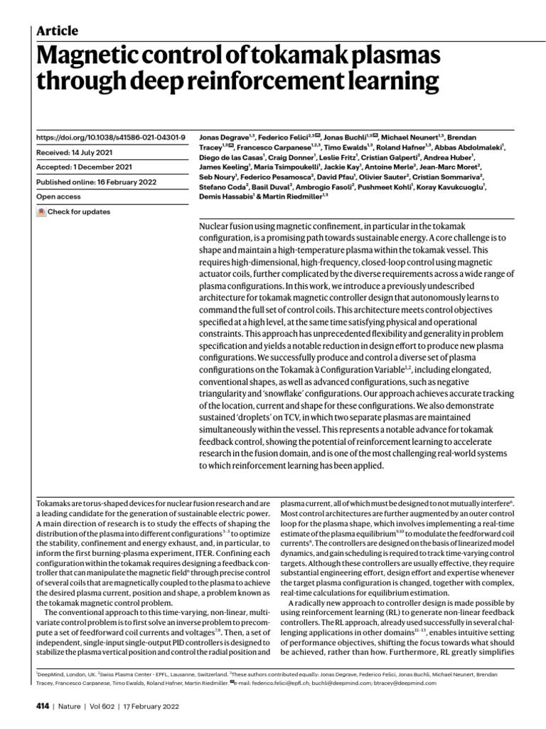 Magnetic Control of Tokamak Plasmas Through Deep Reinforcement Learning | PDF | Tokamak | Fusion ...