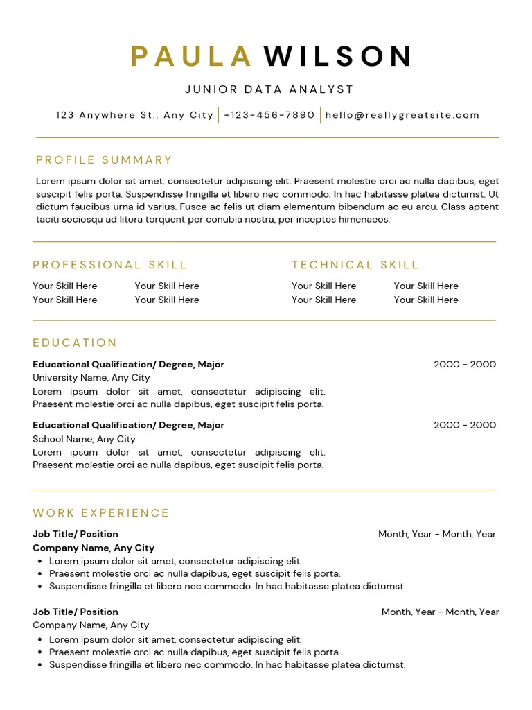 White Gold Elegant Minimalist ATS Data Analyst Resume CV A4 Printable | PDF