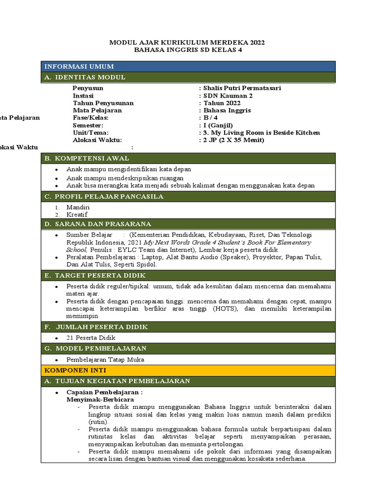 MODUL AJAR B.ING KURIKULUM MERDEKA 2022 (Shalis) | PDF