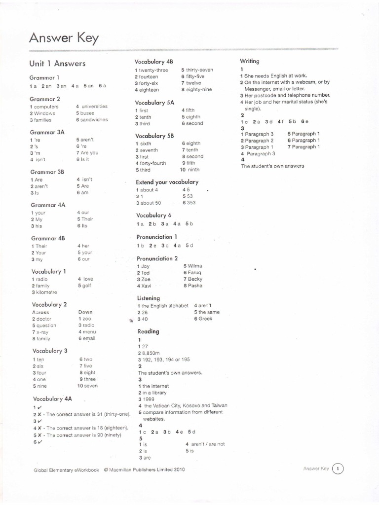 Global Elementary Workbook Answer Key PDF | PDF | Noun