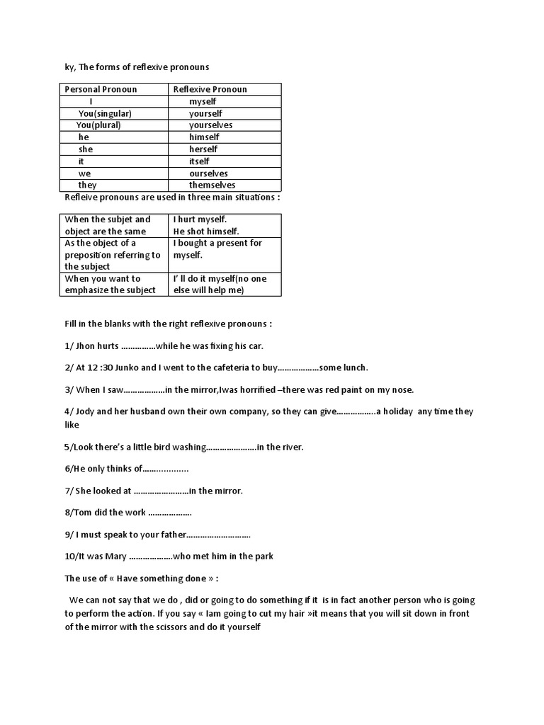 Reflexive Prnouns Sentence Transformation Rephrasing Exercises - 47526 | PDF | Linguistics | Syntax