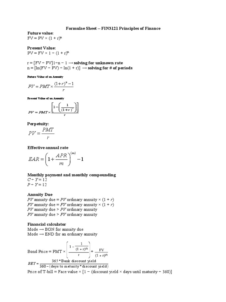 Principles of Finance Formulae Sheet | PDF | Expense | Present Value