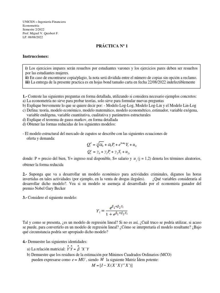 PracticaEconometria 1 | PDF | Mínimos cuadrados ordinarios | Econometría