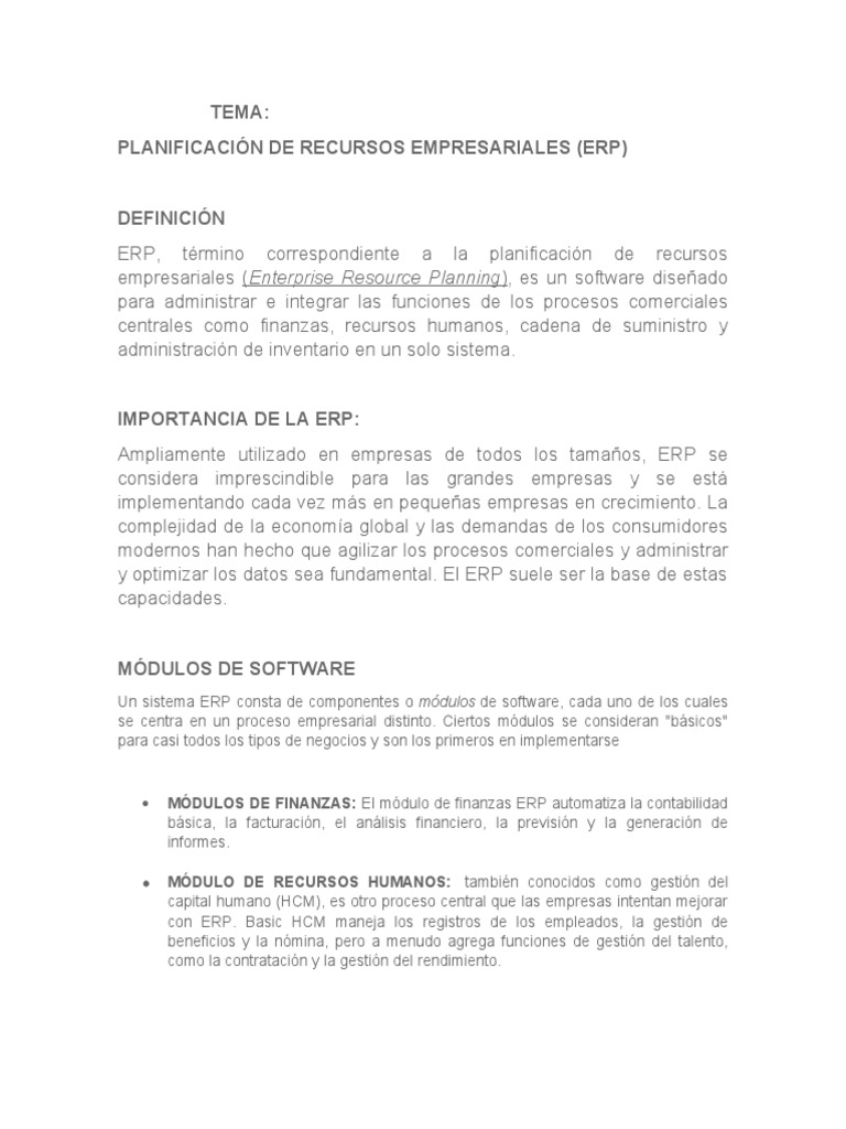 Tema: Planificación de Recursos Empresariales (Erp) Definición | PDF ...