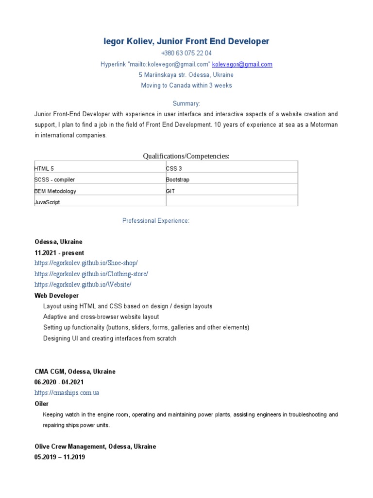 Junior Front End Developer resume | PDF | Bootstrap (Front End Framework) | System Software