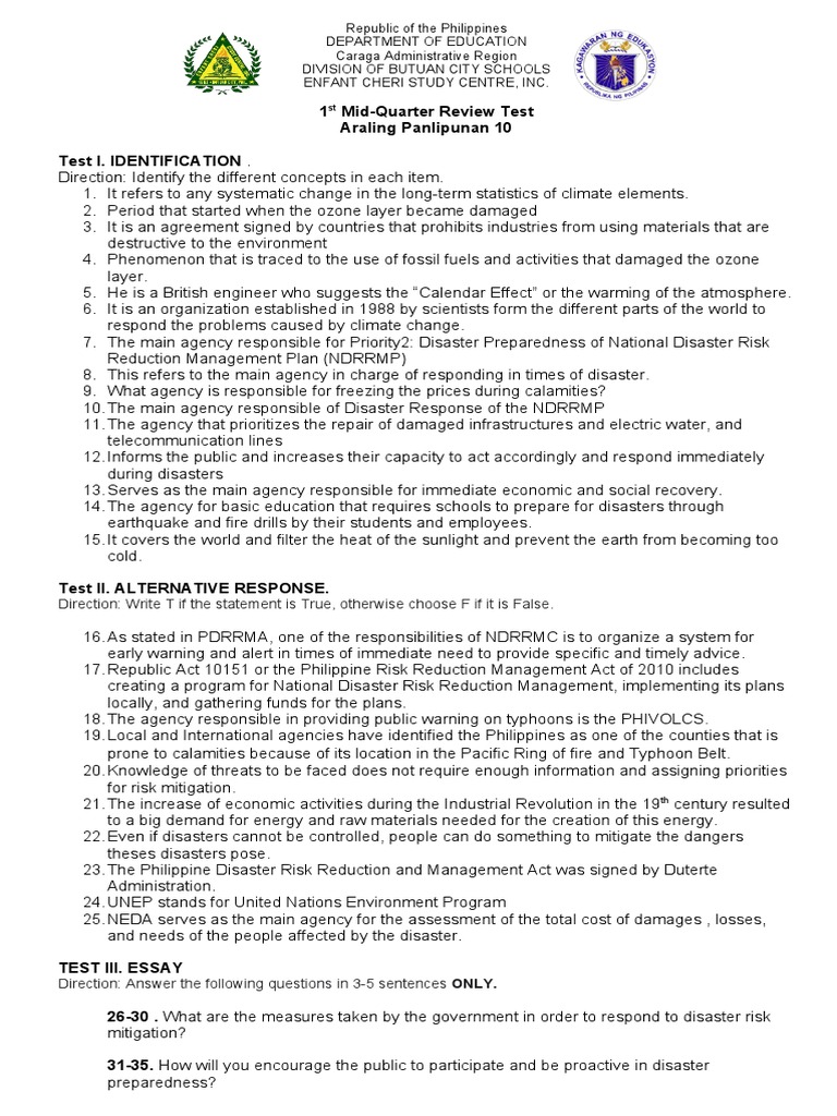 Review Test - 1st Mid Quarter Exam - AP 10 | PDF | Emergency Management ...