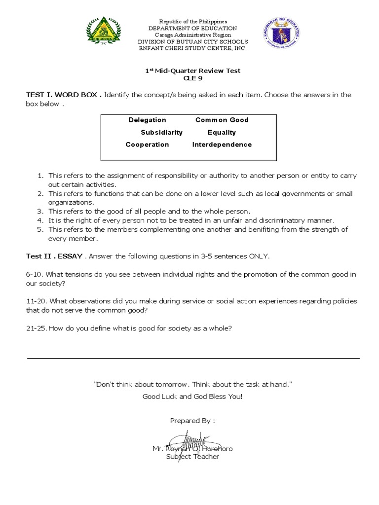Review Test - 1st Mid Quarter Exam - CLE 9 | PDF