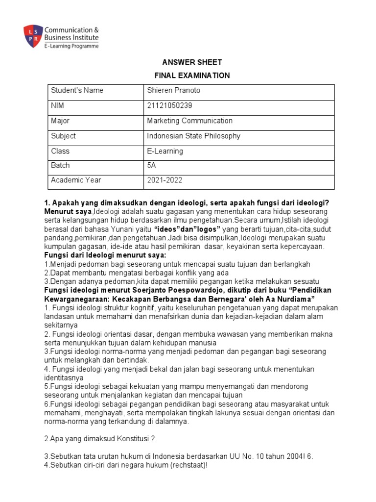 Answer Sheet Final Exam 1 | PDF