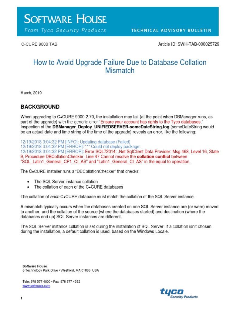 Error Collation Database SQL - CCURE 9K - 03. SWH-TAB-000025729 - Latam ...