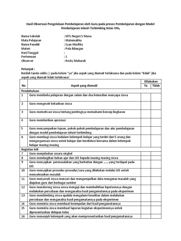 Lembar Observasi Guru | PDF