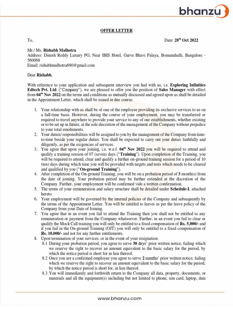 Rishabh Malhotra Offer Letter Details | PDF | Salary | Taxes
