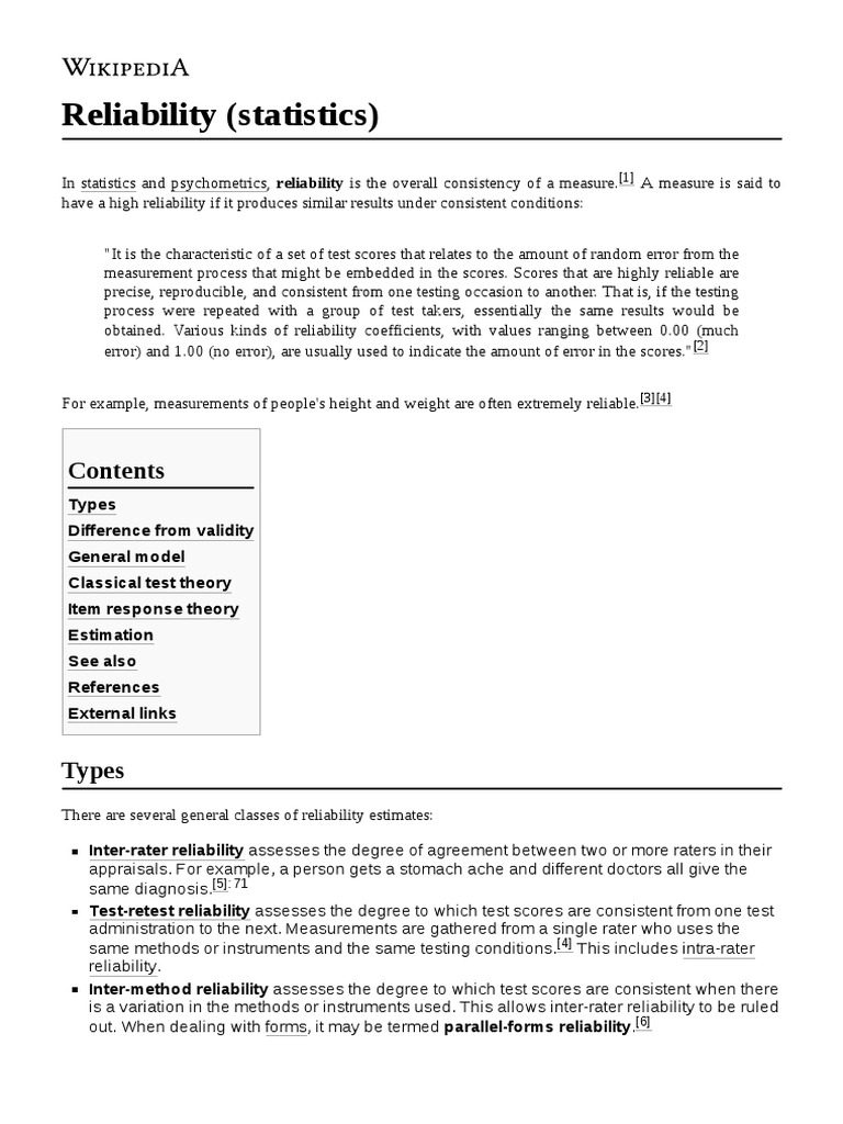 Reliability (Statistics) | PDF | Multivariate Statistics | Psychometrics