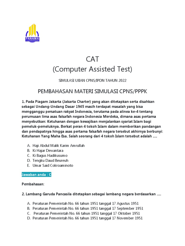 CAT (Computer Assisted Test) : Pembahasan Materi Simulasi CPNS/PPPK | PDF