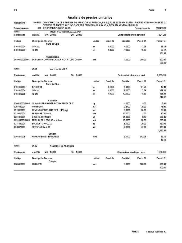 Costos Unitarios | PDF | Hormigón | Construyendo tecnología