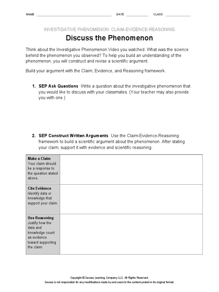 CHEM21 PeriodicTablePractice CER Engage IWS | PDF | Reason | Evidence